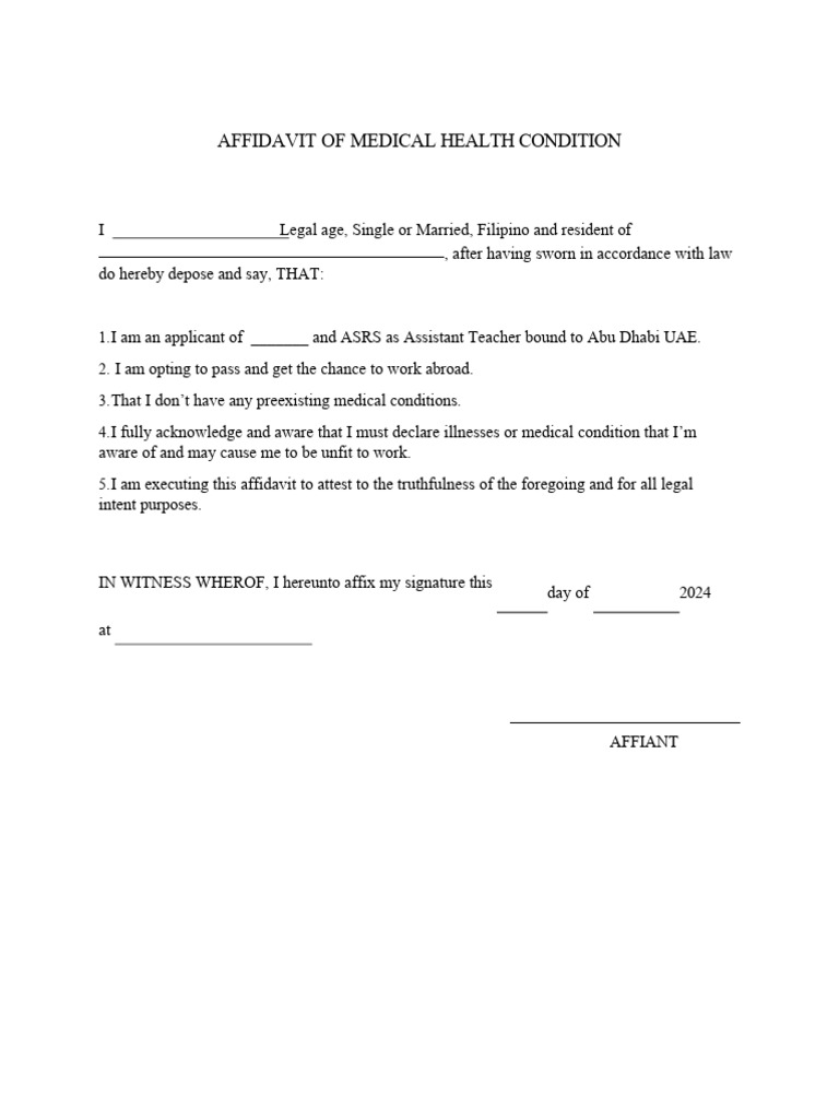 Affidavit of Medical Health Condition | PDF