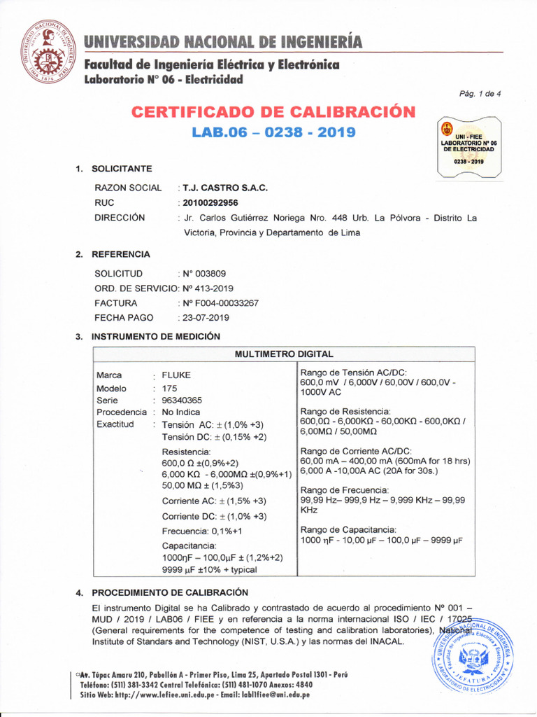 Certificado de Calibración Multimetro Digital | PDF