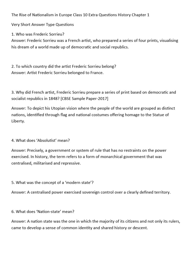 The Rise of Nationalism in Europe Class 10 Extra Questions History Chapter 1 | Download Free PDF ...