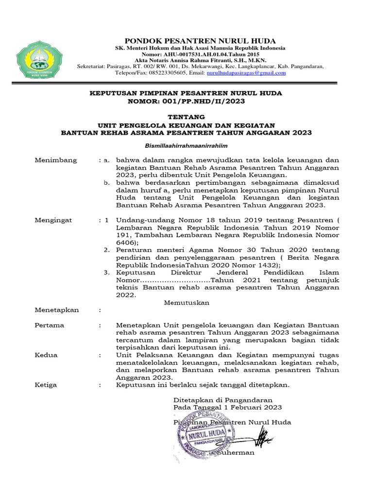 SK Upk2b - Pesantren Nurul Huda | PDF