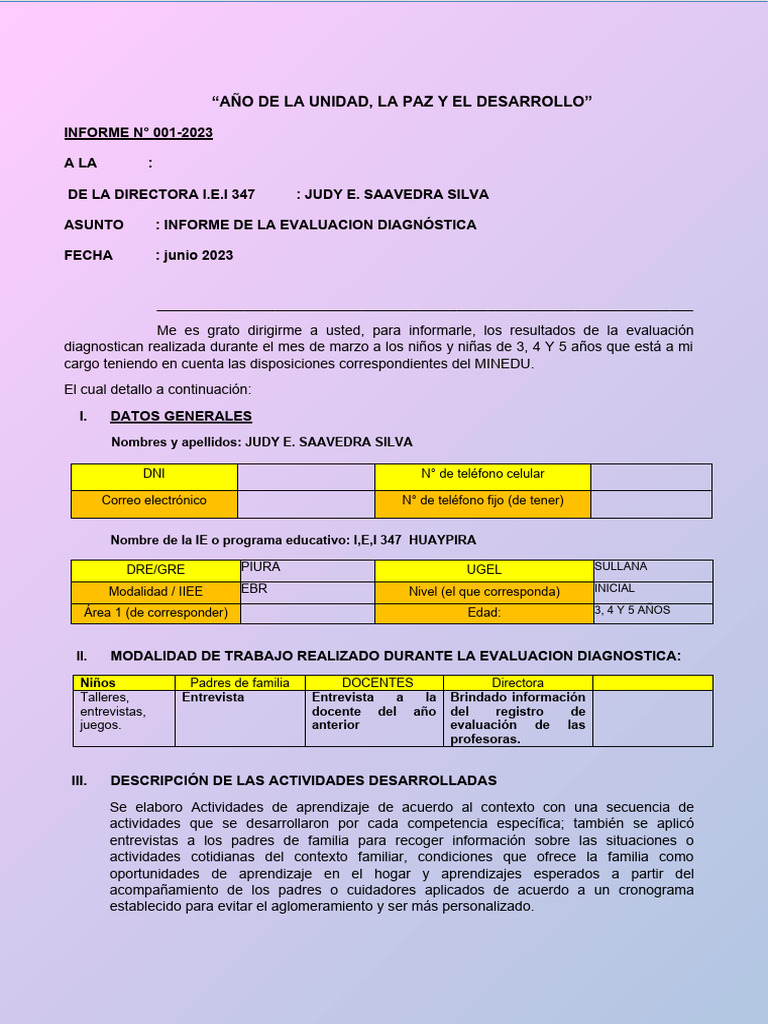 Informe Del Consolidado De La Evaluacion Diagnostica 2023 Pdf 2936