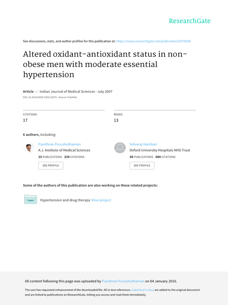 Altered Oxidant-Antioxidant Status in Non-Obese Men With | PDF ...