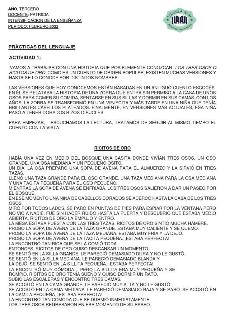 Actividades de Lectura: Ricitos de Oro y Los Cinco Burritos | PDF | Ricitos de oro y los tres ...