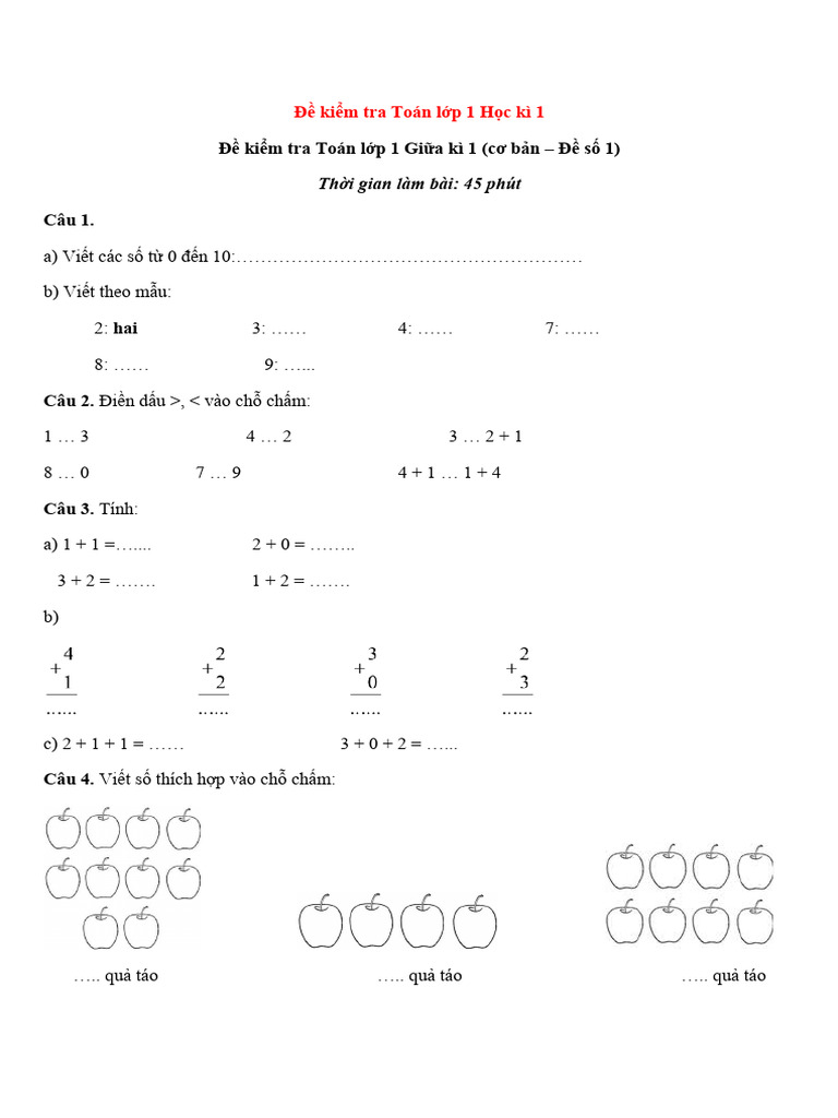 De Kiem Tra Toan Lop 1 | PDF