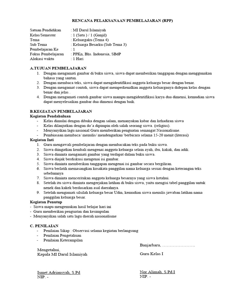 RPP 1 Lembar Kelas 1 Tema 4 Subtema 3 Ok | PDF