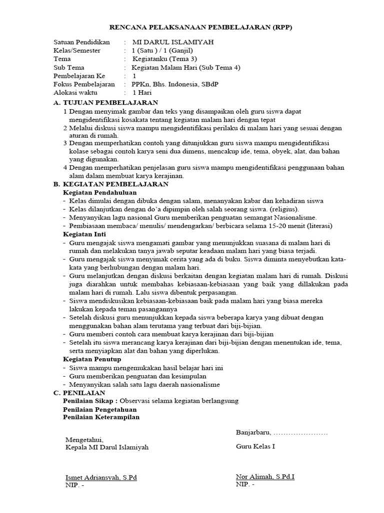 RPP 1 Lembar Kelas 1 Tema 3 Subtema 4 Ok | PDF | Seni & Disiplin Bahasa