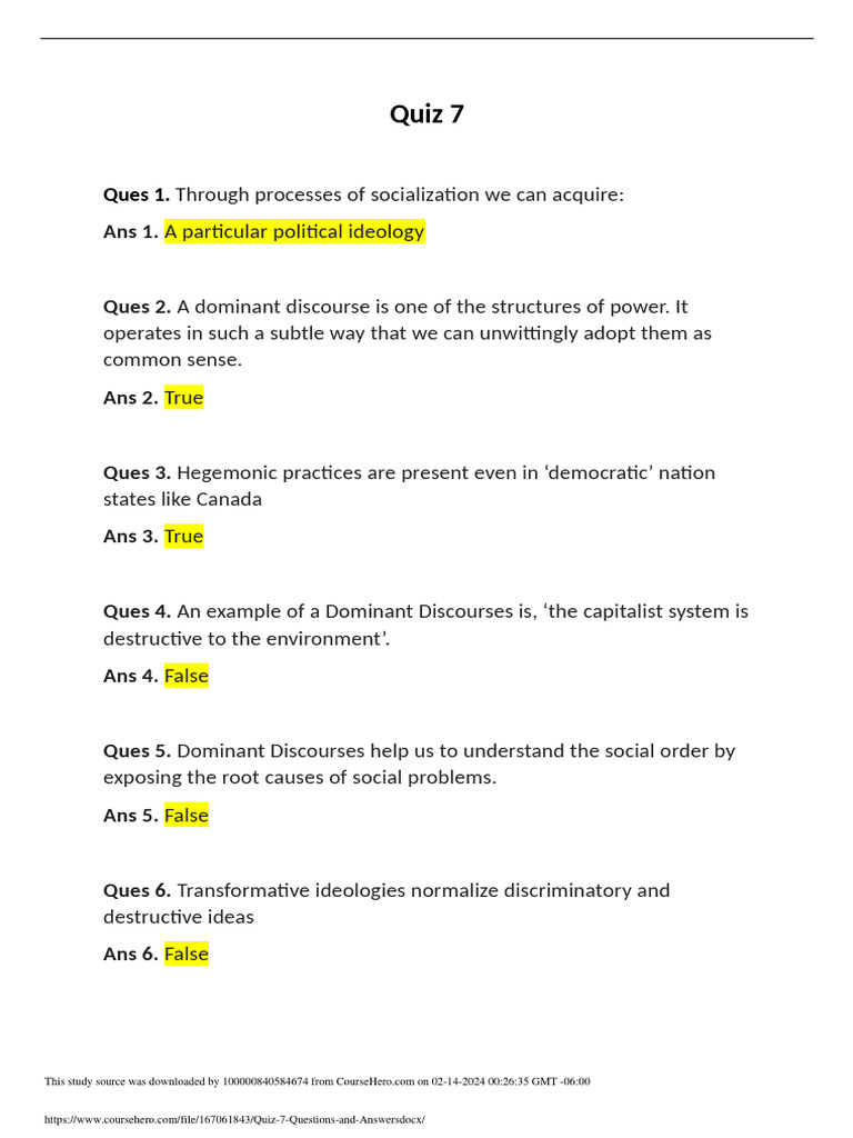 Quiz 7 Questions and Answers | PDF | Ideologies | Hegemony