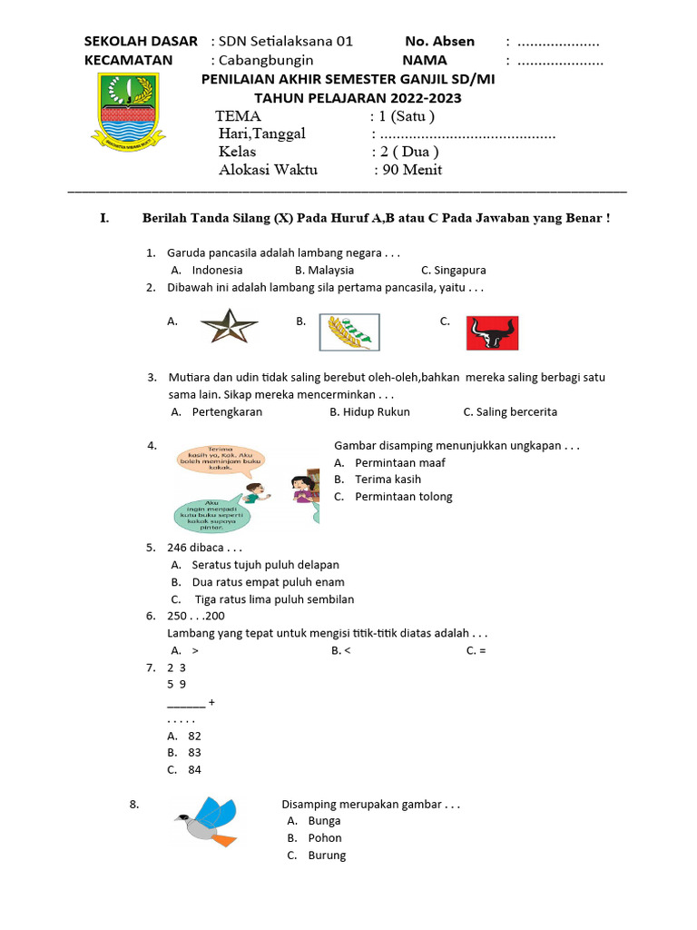PAS GANJIL KELAS 2 TEMA 1 2021-2022 | PDF