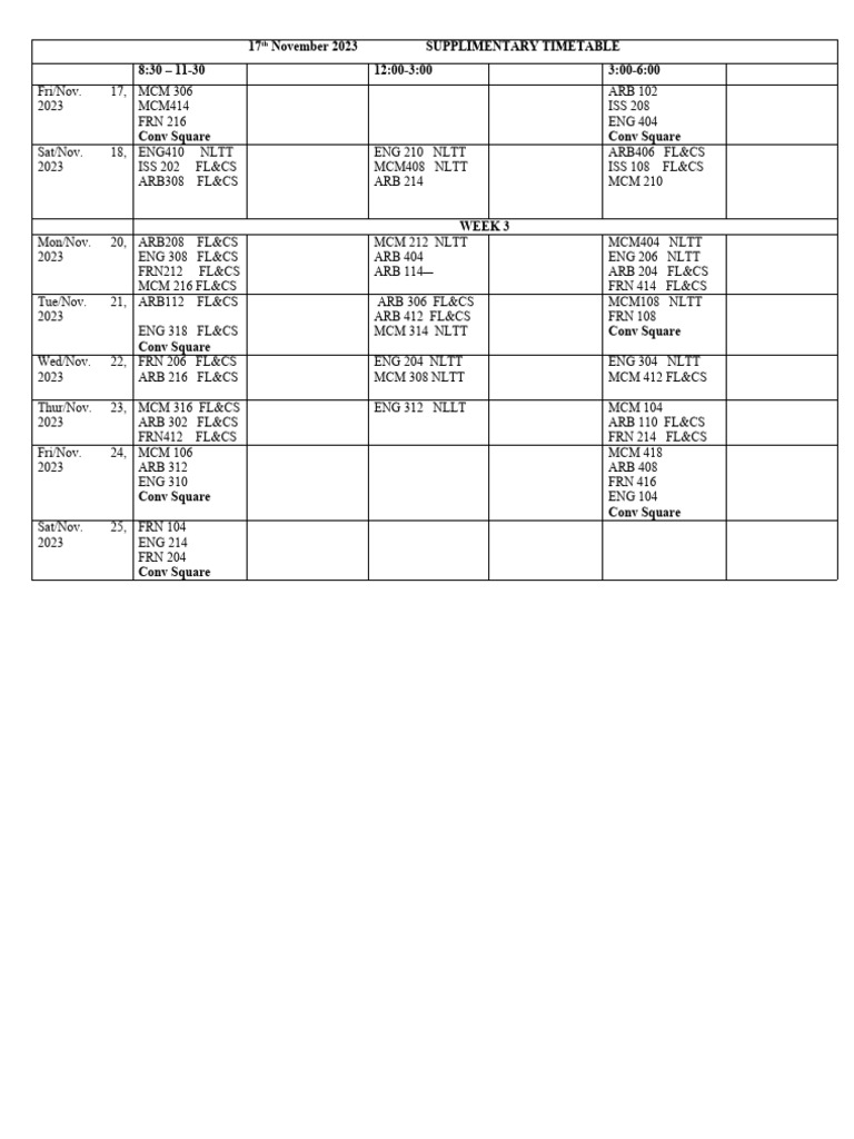Supplimentary Timetable (1) - 1 | PDF | Science & Mathematics | Technology & Engineering