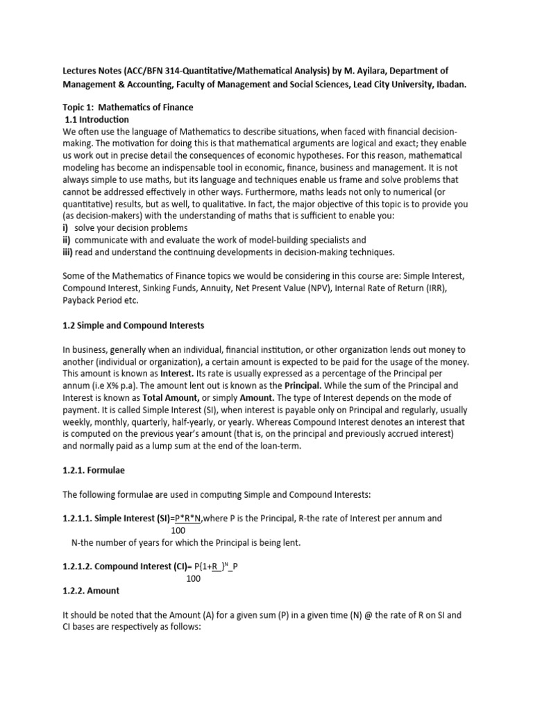 Lectures Notes (Abridged) Quantitative Analysis | PDF | Net Present ...