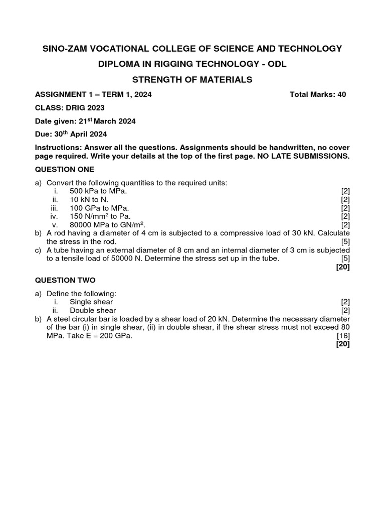 Strength of Materials Assignment 1 - Term 1, 2024 - ODL-Updated | PDF