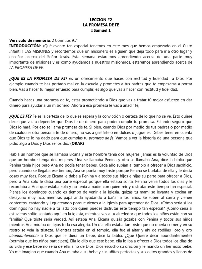 Leccion #2 Promesa de Fe | Descargar gratis PDF | Misionero | Fe