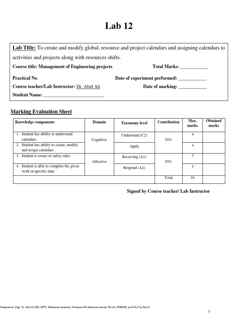 Lab 12 P6 Calendars Global, Resource, Project | PDF | Workweek And ...
