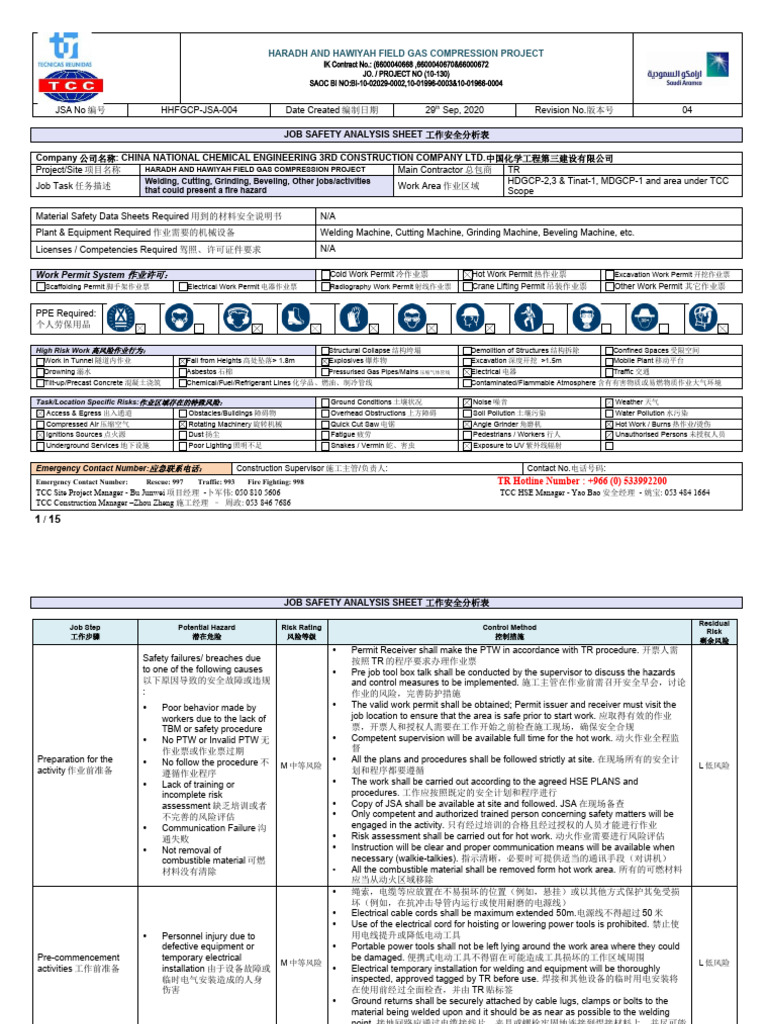 JSA-004-Hot Work Activity Revise动火作业 04 | PDF | Welding | Construction