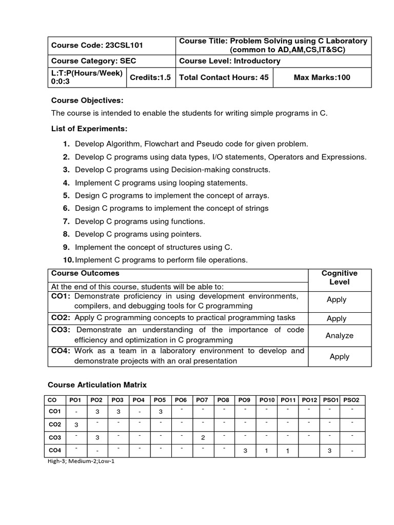 23CSL101 - Problem Solving Using C Laboratory | Download Free PDF ... 23CSL101 - Problem Solving Using C Laboratory | Download Free PDF ...