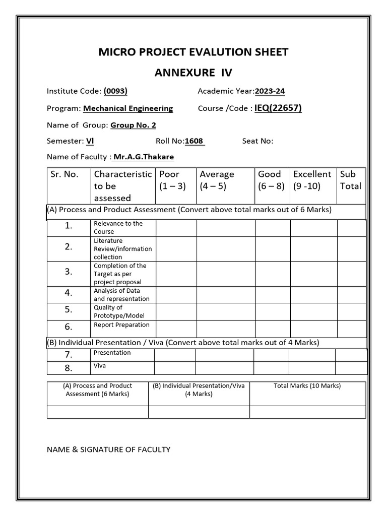 Mechanical Eng. Project Eval Sheet | PDF | Art | Technology & Engineering