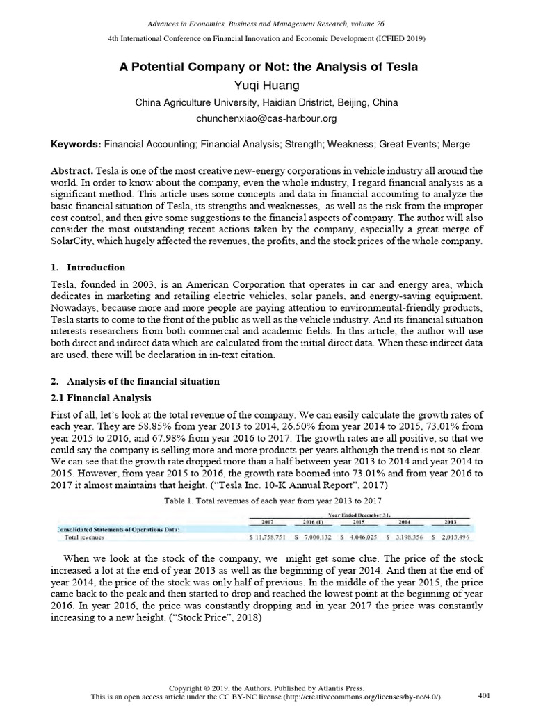 A Potential Company or Not: The Analysis of Tesla: Yuqi Huang | PDF ...