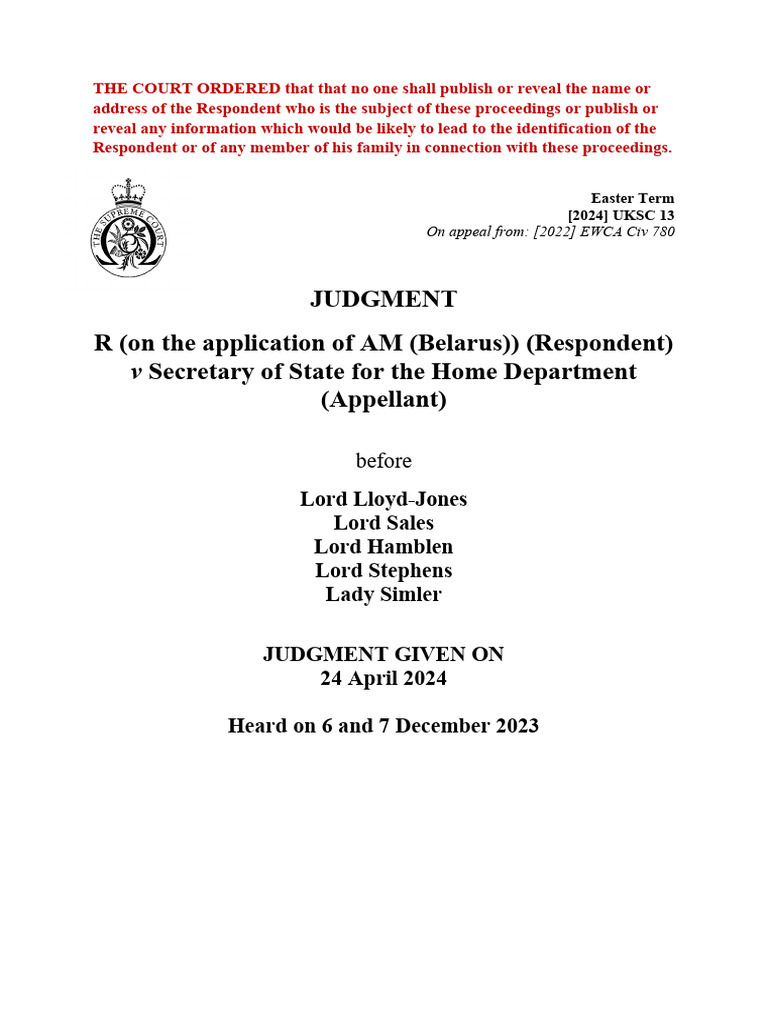 Judgment R (On The Application of AM (Belarus) ) (Respondent) Secretary ...