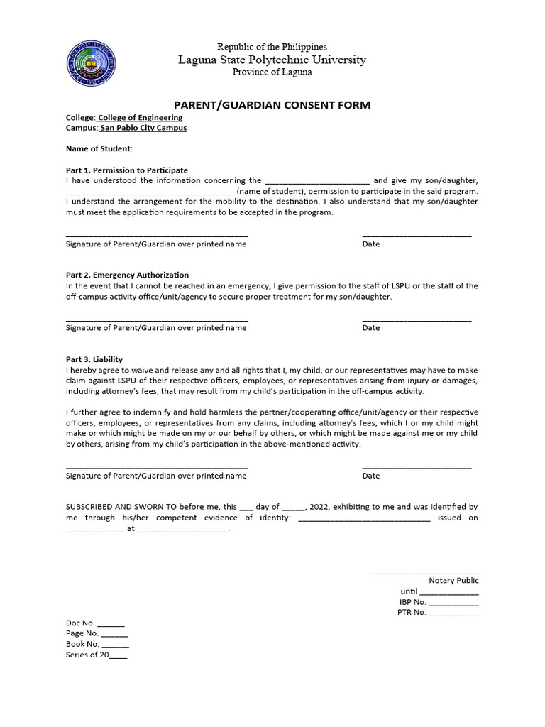 Parent Concent Form | PDF | Private Law | Common Law