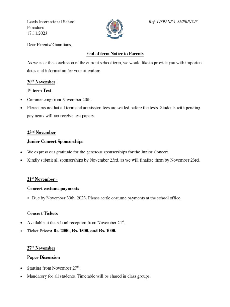 Leeds International School Term-End Notice | PDF | Educational Stages