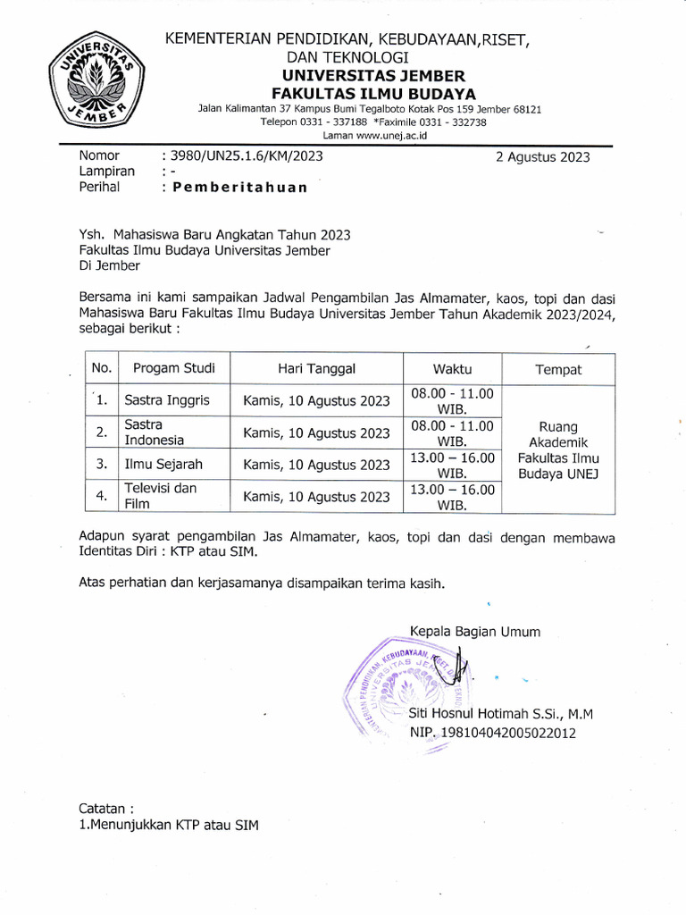 Jadwal Pengambilan Jass FIB TERBARU | PDF