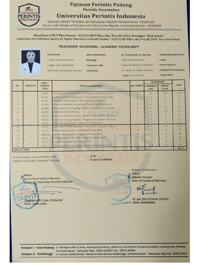 Transkrip Nilai Adila Ghina Rizkia | PDF