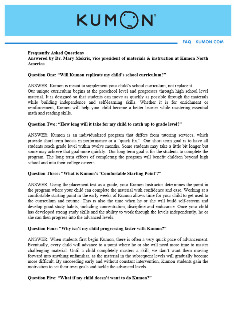 Kumon FAQ From Parents | PDF | Lesson Plan | Critical Thinking