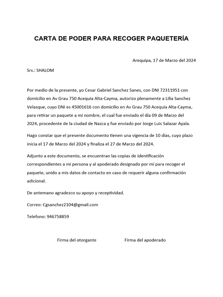 Carta Poder para Recoger Paquetería | PDF | Derecho