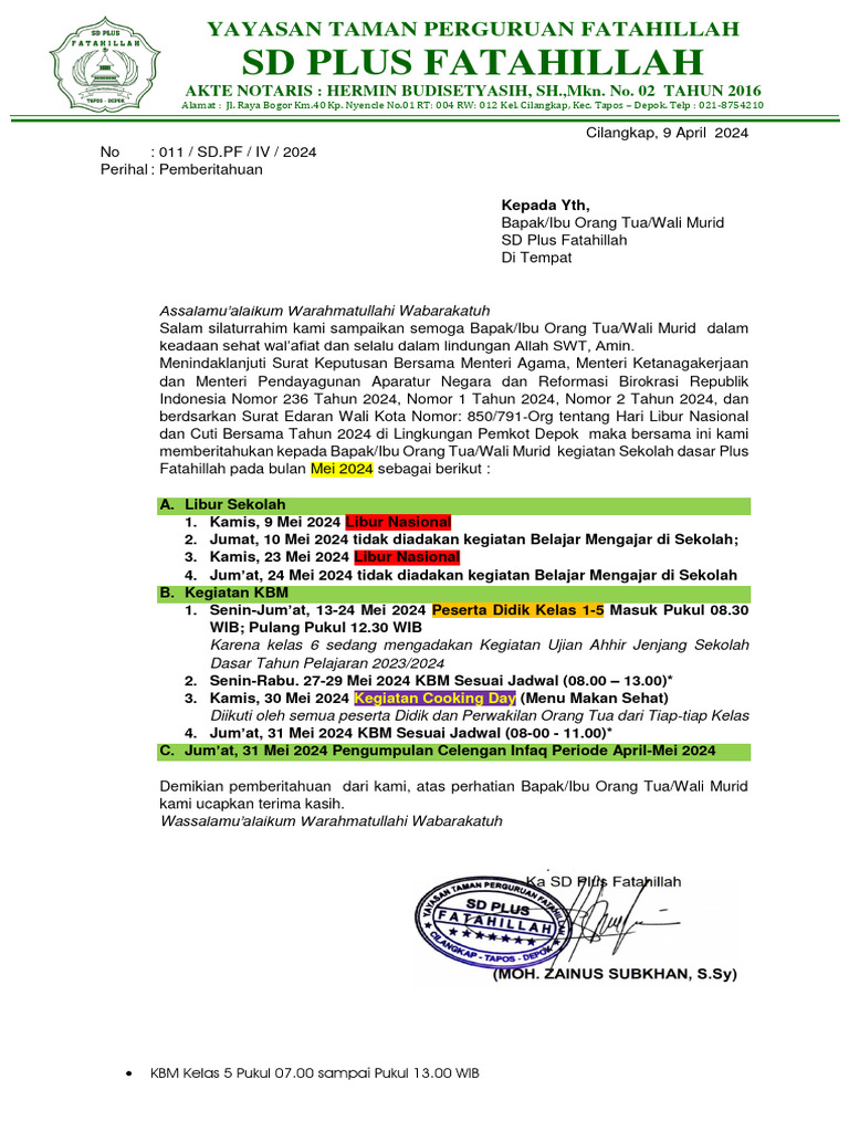 Surat Pemebritahuan Libur Dan KBM Mei 2024 | PDF