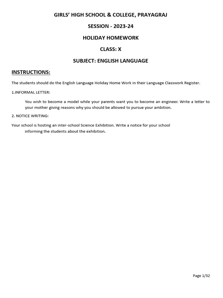 Holiday Homework Class 10 2023 24 | PDF | Mitosis