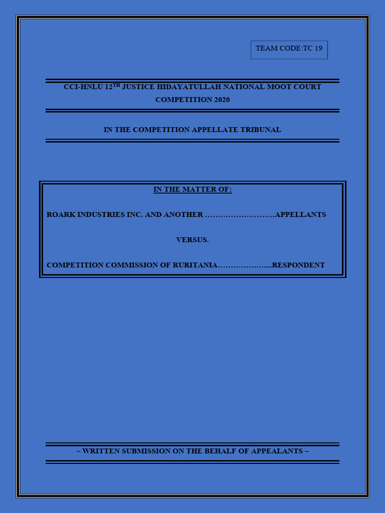 Team Code:Tc 19: Memorandum On The Behalf of Appellant | PDF | Appeal | Mergers And Acquisitions