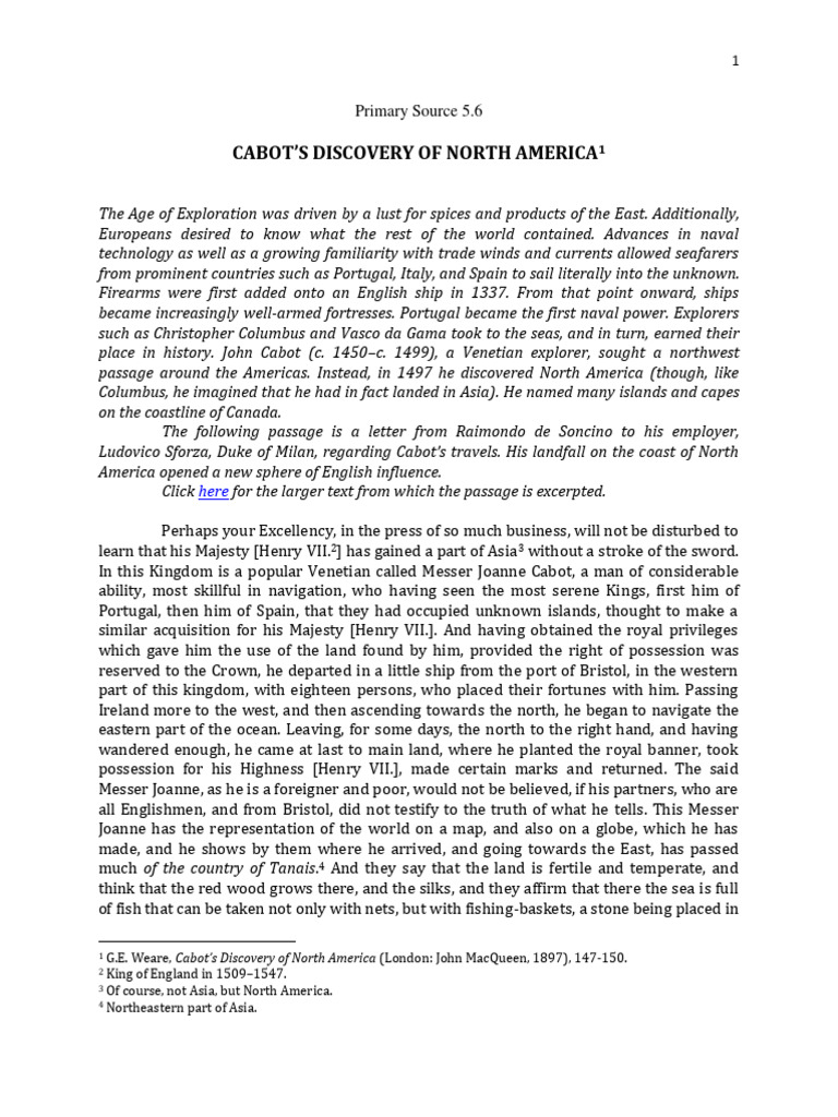 Cabot's 1497 Discovery of North America | PDF | Age Of Discovery