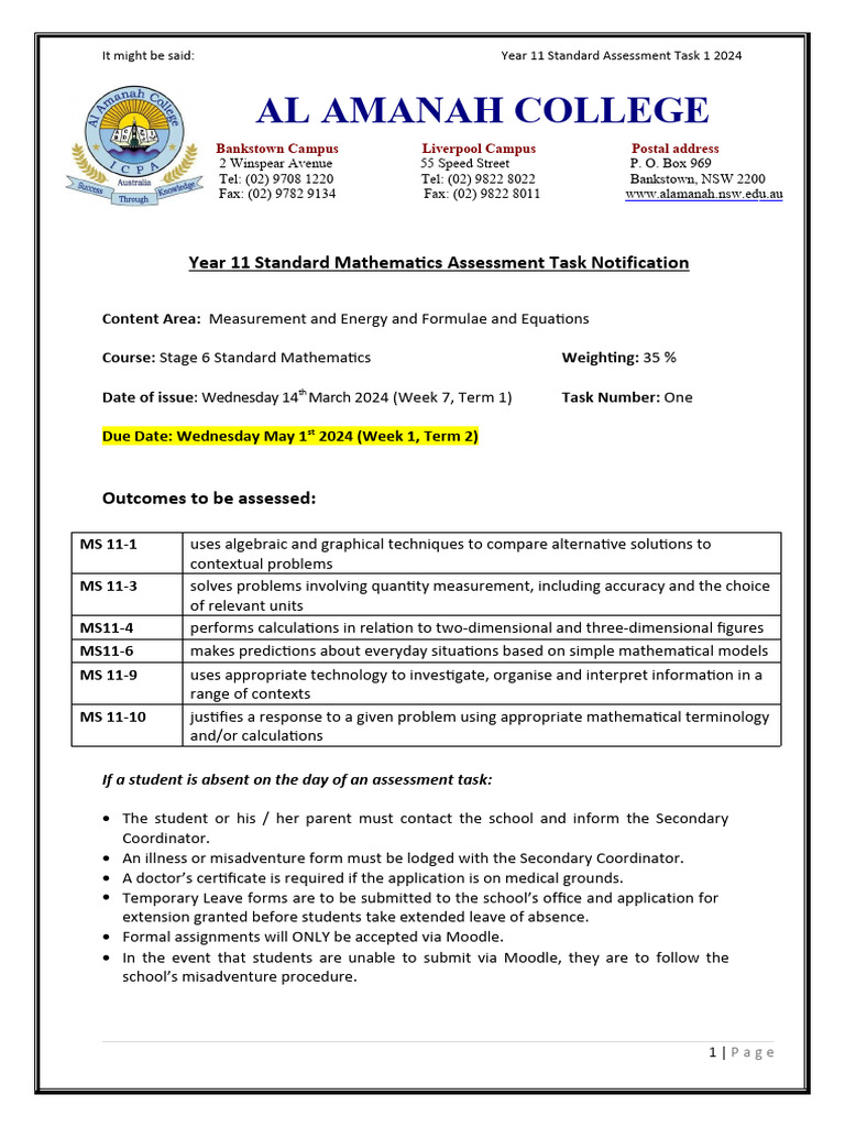 Assessment Task 1 Standard Yr 11 2024 | PDF | Area | Accuracy And Precision