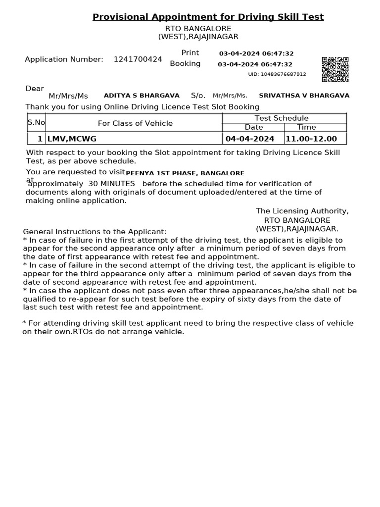 Driving Skill Test Appointment Details | PDF