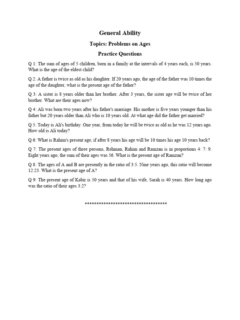 Age Problems, Practice Questions | PDF | Wellness