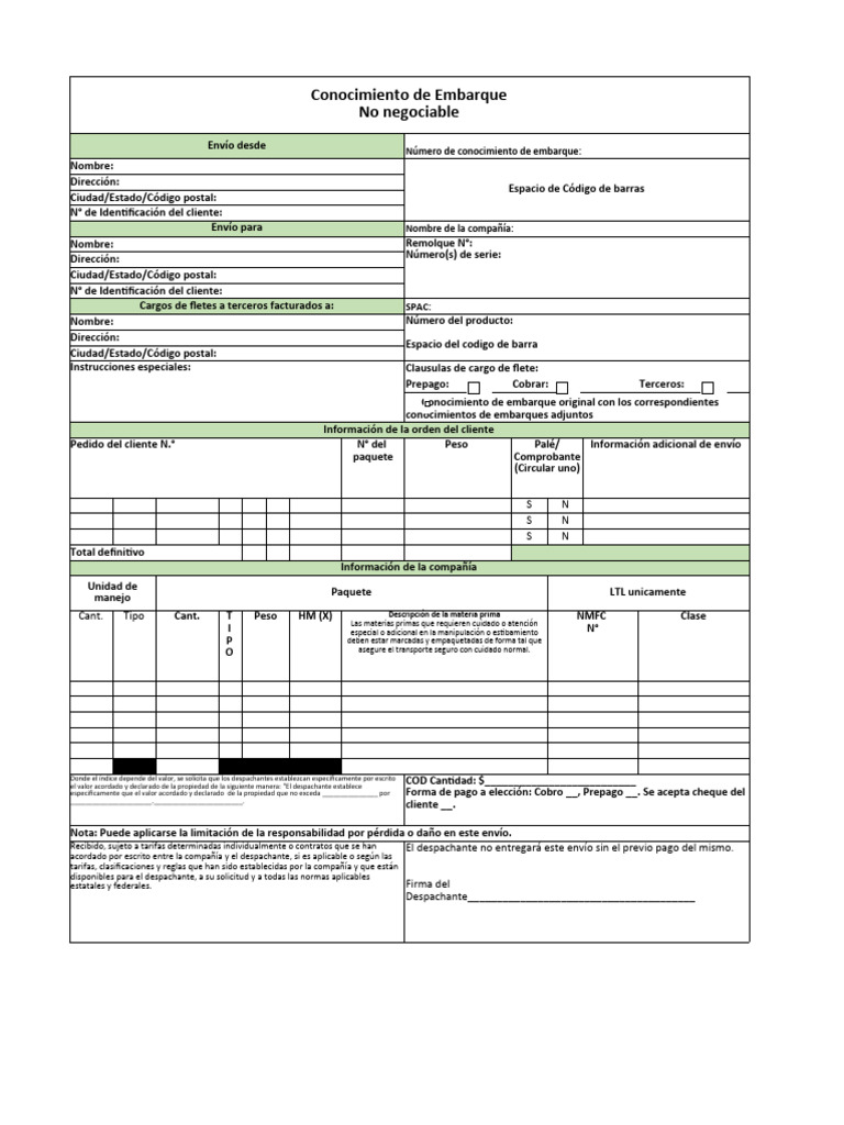 Formato Conocimiento de Embarque Marítimo | PDF | Guía de carga