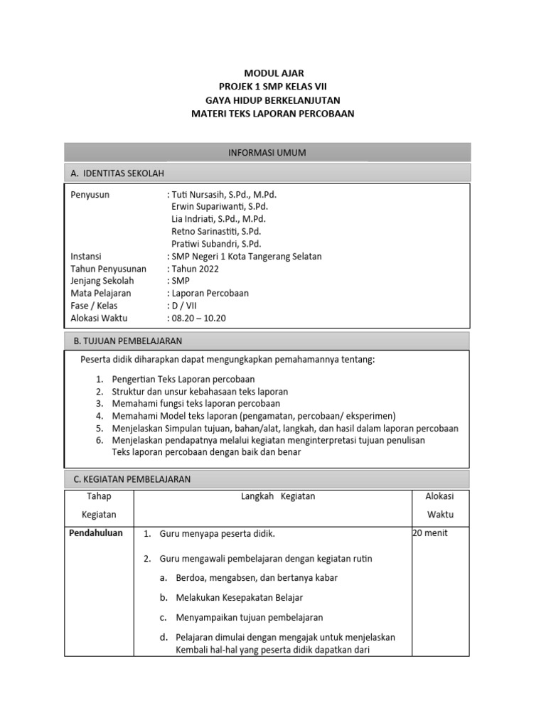 MODUL AJAR - Materi Teks Laporan Percobaan | PDF MODUL AJAR - Materi Teks Laporan Percobaan | PDF