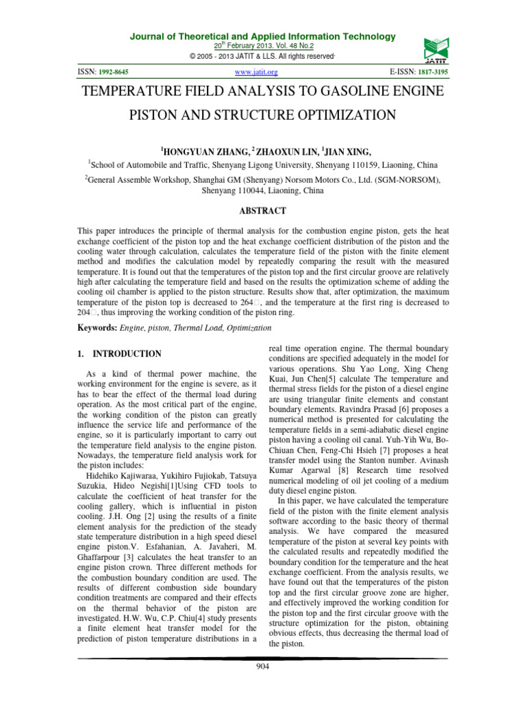 Temperature Field Analysis To Gasoline Engine Piston and Structure ...