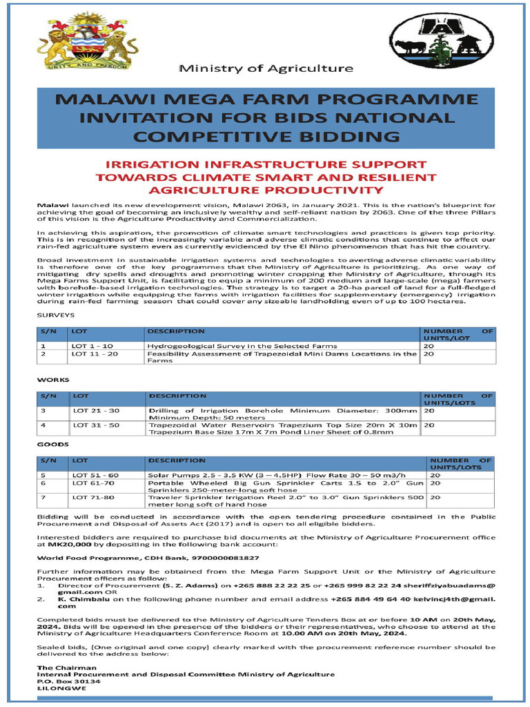 Malawi Mega Farm Programme - Invitation for Bids | PDF