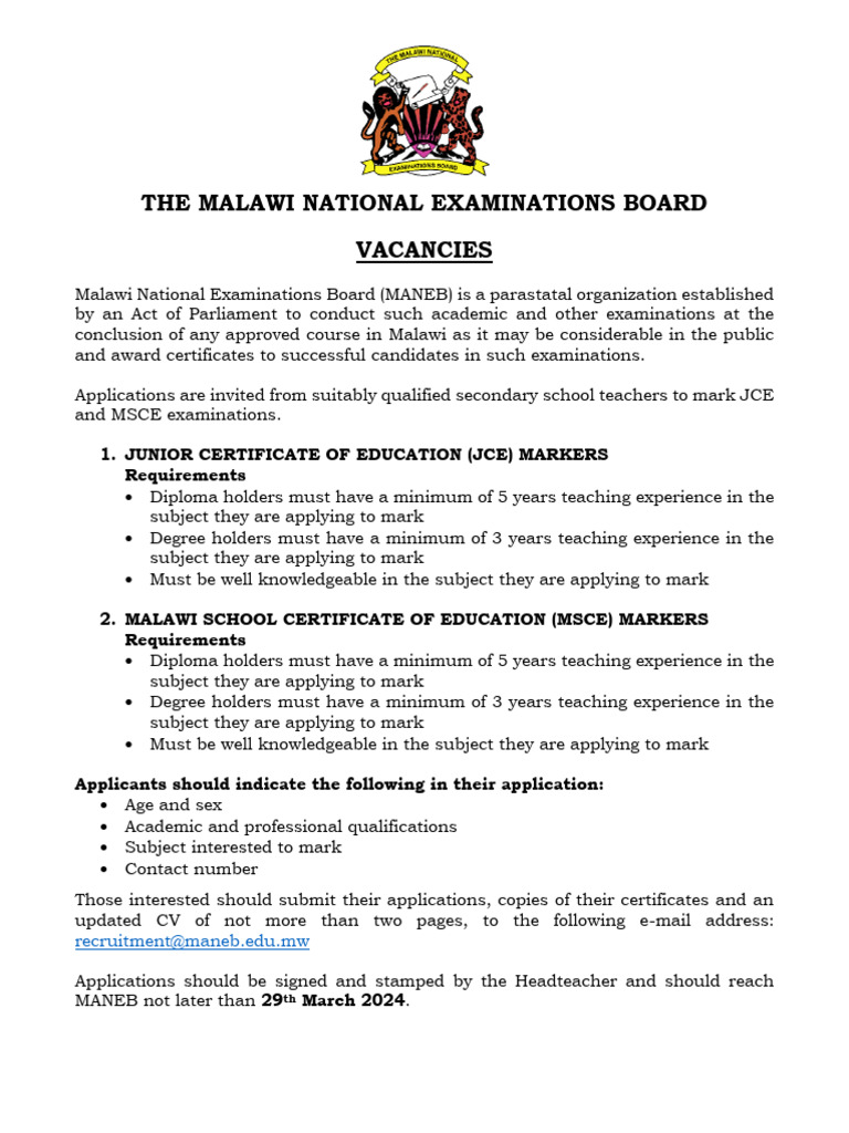 JCE and MSCE Markers Vacancies 2024 | PDF | Business | Finance & Money ...