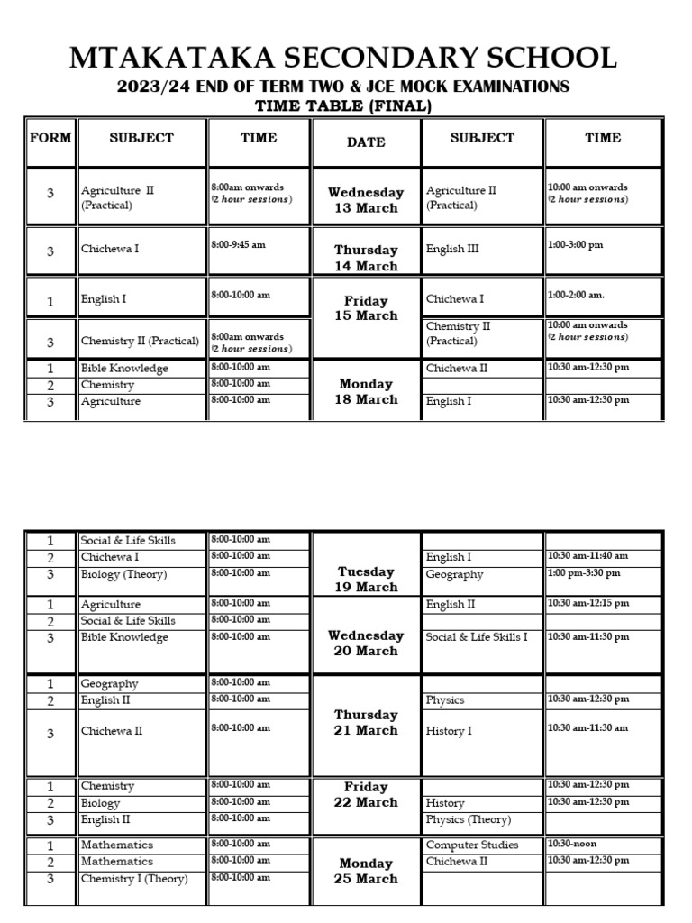 End of Term 2 Time Table Final | PDF | Science