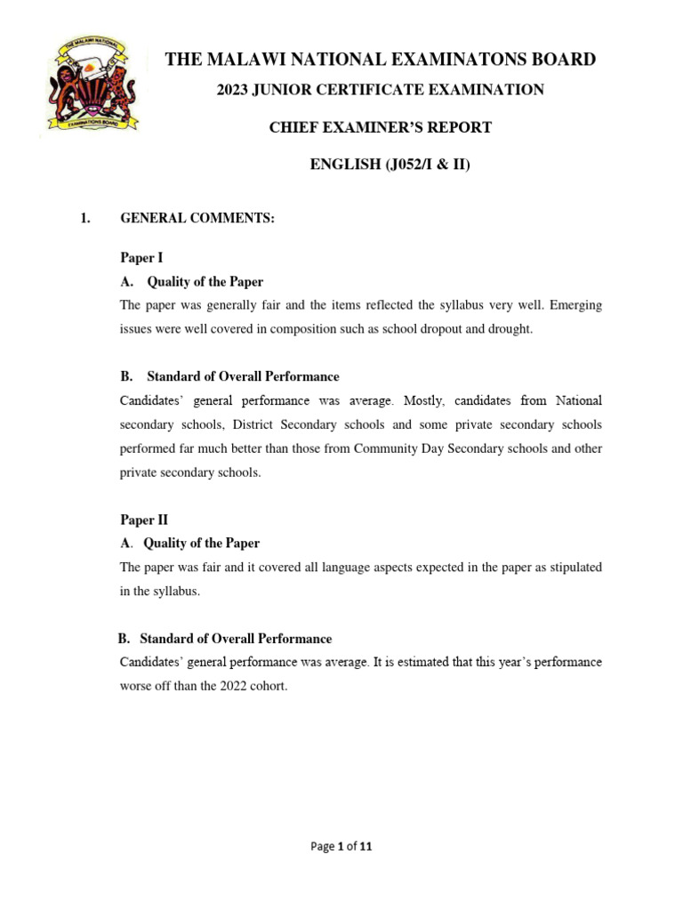 2023 Jce - English Chief Examiner's Report 21 Sept | PDF | Teachers | Theft