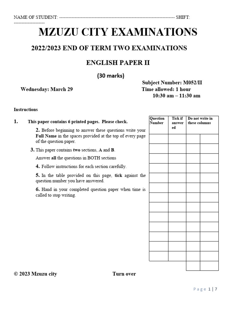 English Paper Two Mzuzu City Form 3 | PDF