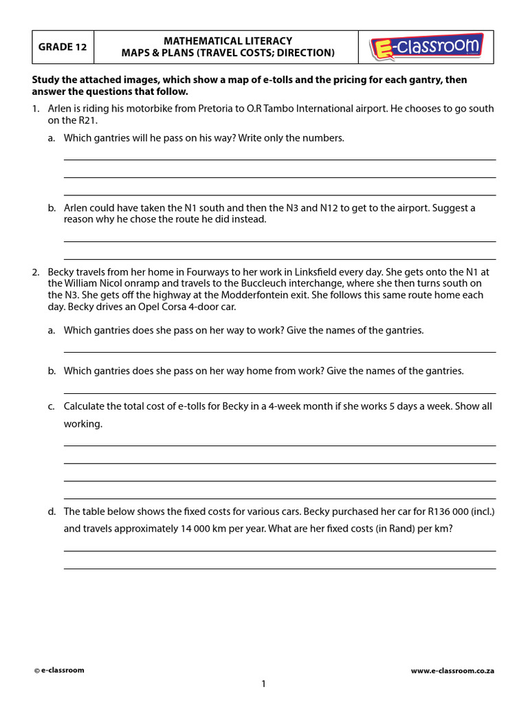 Gr12 Maths Literacy Maps Plans Travel Costs Direction | PDF | Vehicles ...