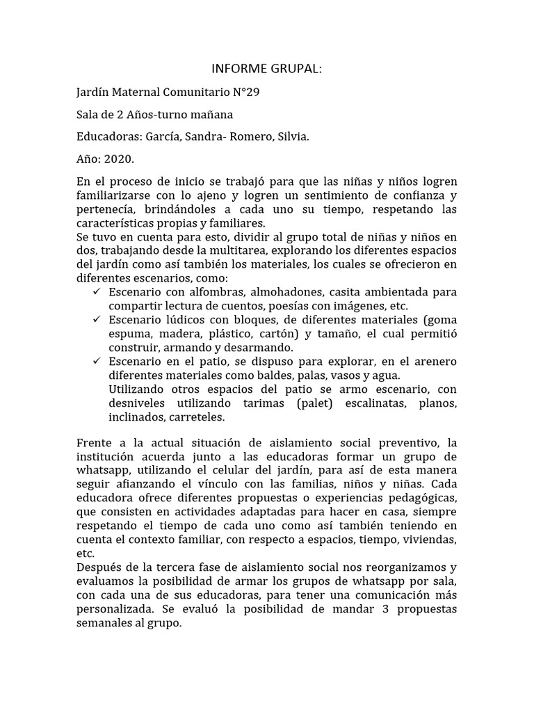 Informe Grupal 2020 Sala de 2 Años | PDF | Estudios de idiomas extranjeros