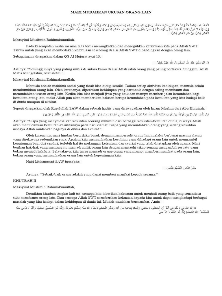 Khutbah Mari Mudahkan Urusan Orang Lain Pdf