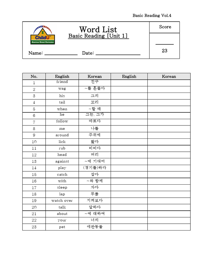 Basic Reading 4_Word List | PDF