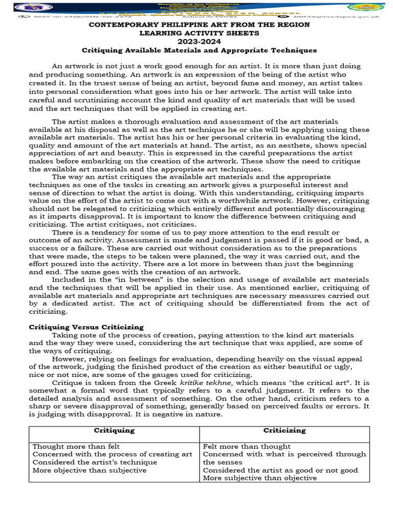 Contemporary LAS Critiquing vs. Criticizing | PDF | Multiple Choice ...
