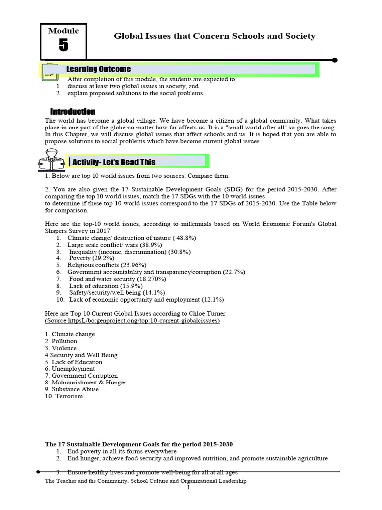 5 Global Issues That Concern Schools and Society | PDF | Sustainability ...