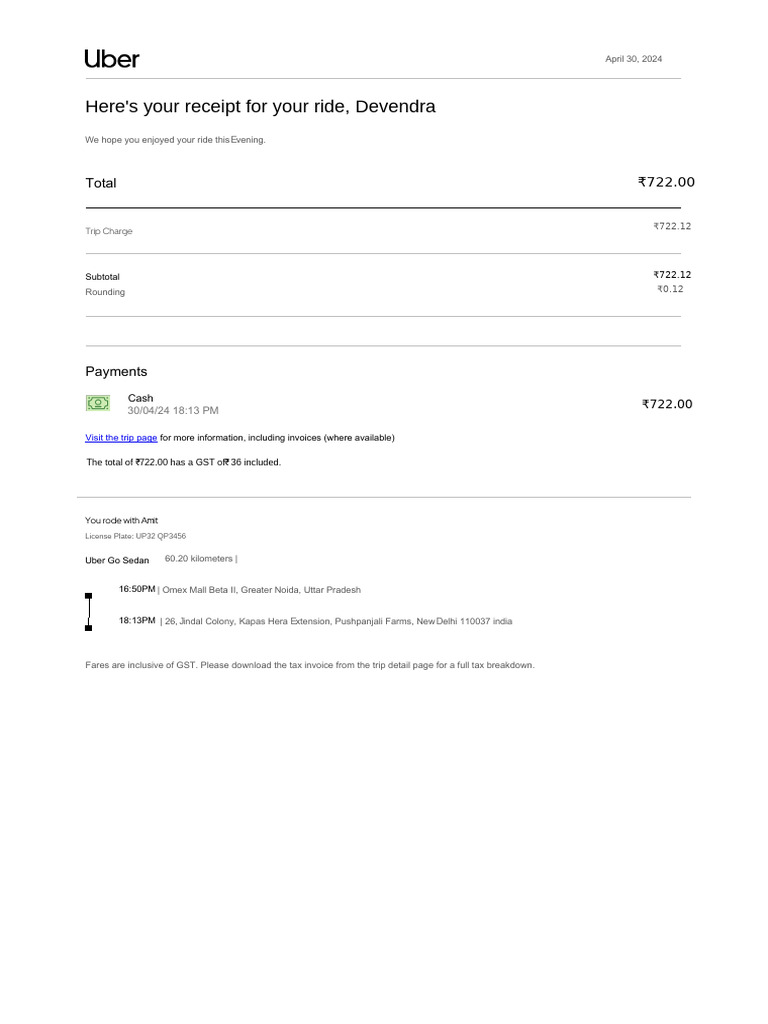 Uber Ride Receipt for Devendra | PDF